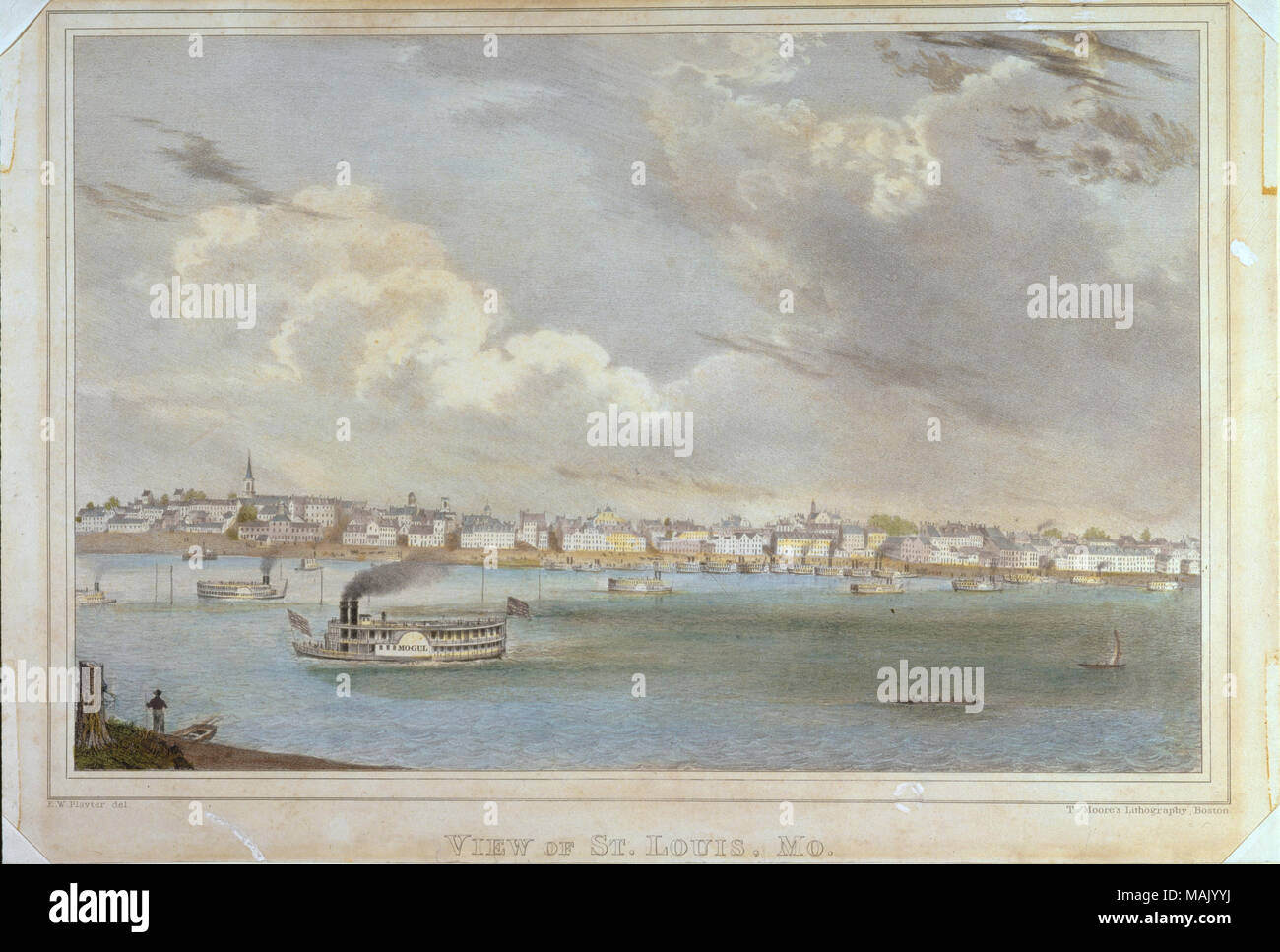 Horizontal hand-colored lithograph showing the view of St. Louis from ...