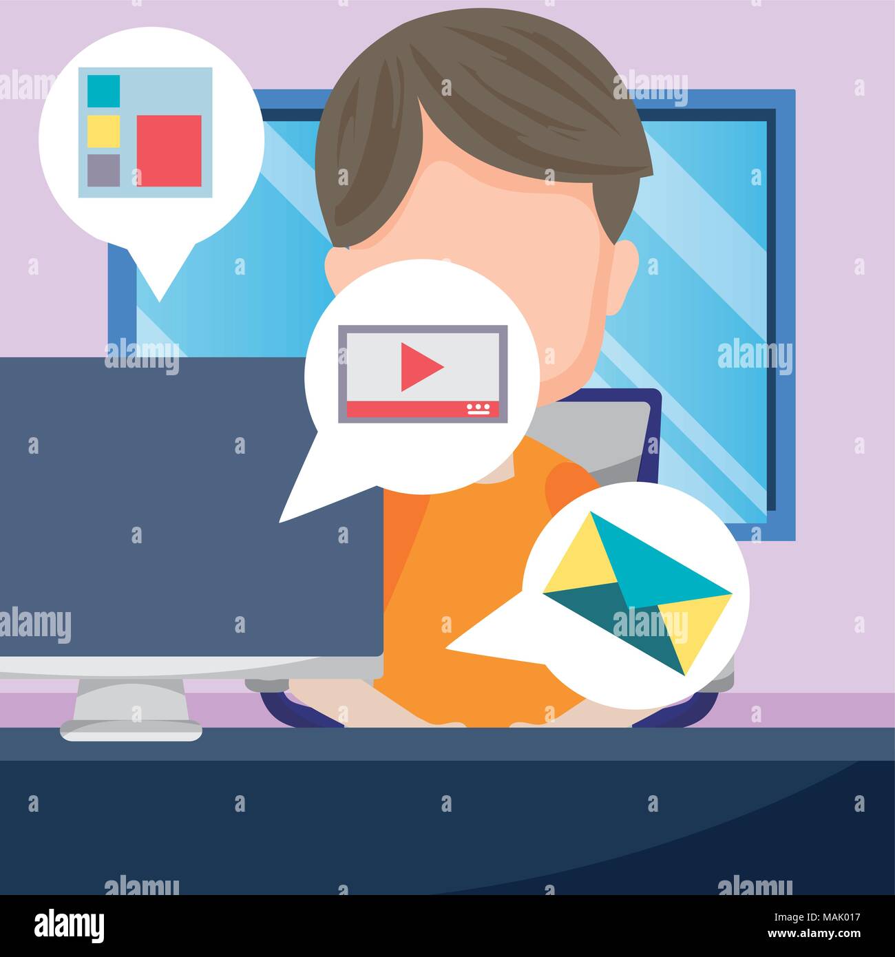 Young man using computer for social media cartoon illustration graphic ...