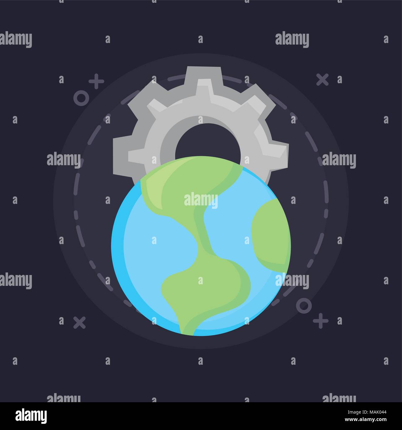 earth planet and gear wheel over black background, colorful design ...