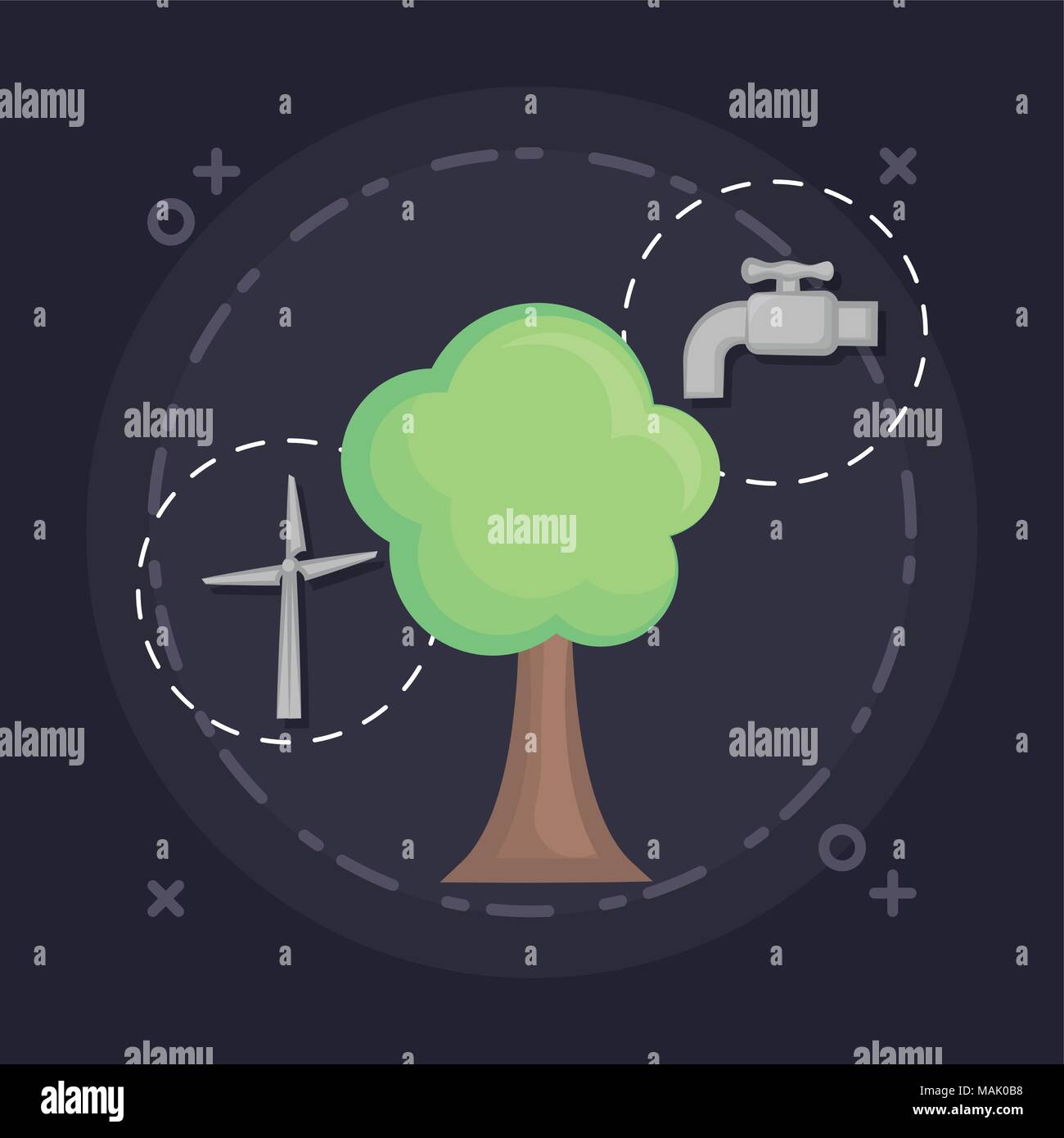 tree and ecology related icons around over black background, colorful ...