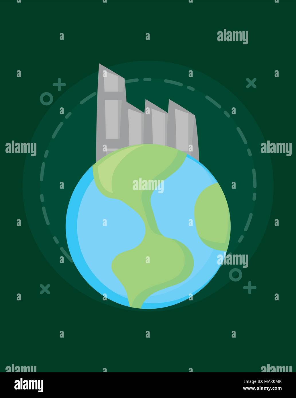 earth planet and industrial building over green background, colorful ...