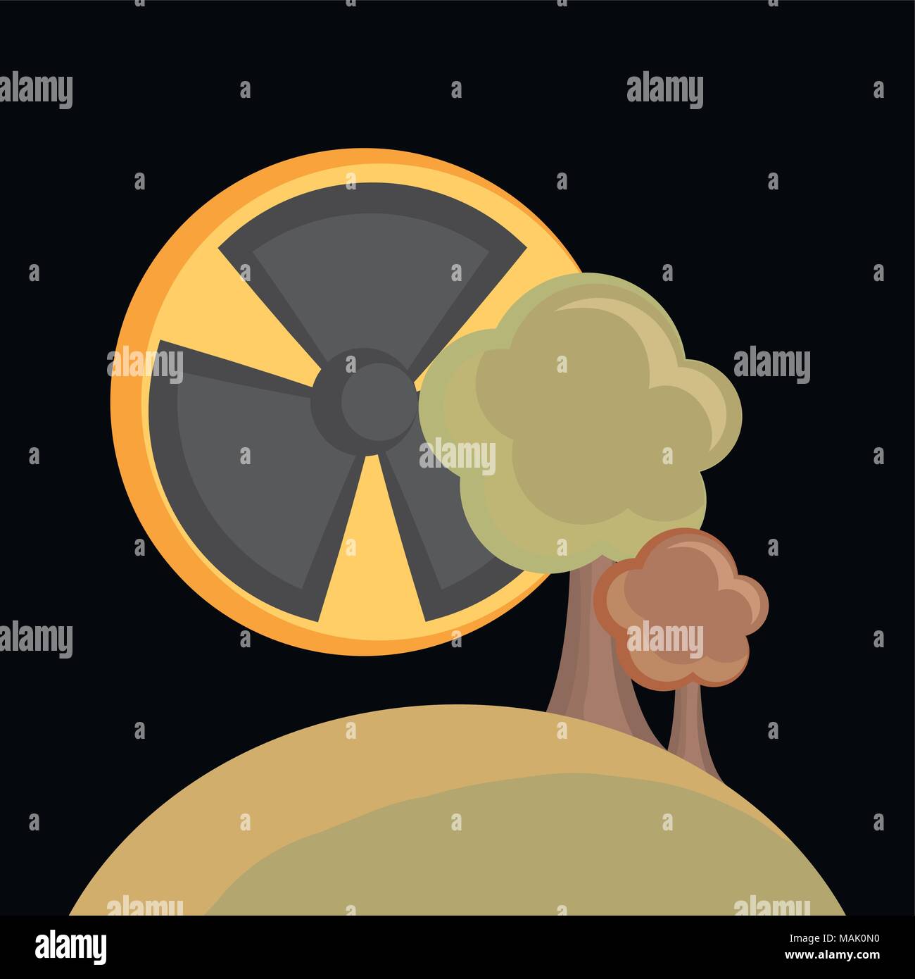 nuclear symbol and trees over black background, colorful design. vector ...