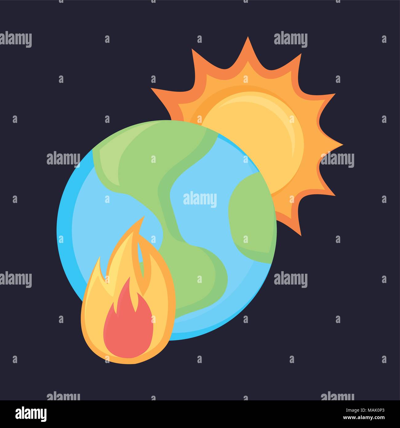 sun with earth planet and fire flame over black background, colorful ...