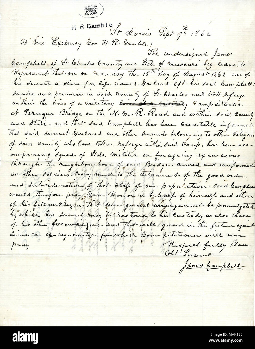 Letter from James Campbell to Gov. H.R. Gamble, page 1 . 9 September ...