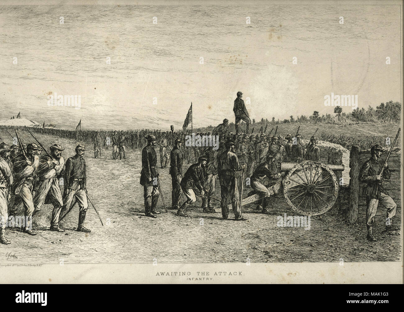 Print of a large number of Union soldiers preparing for an attack. Most ...