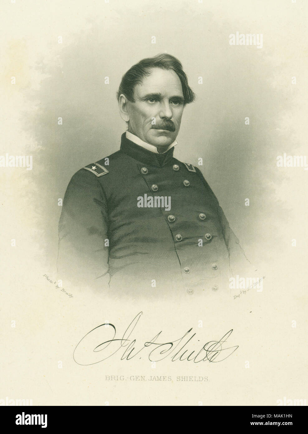 Bust portrait of a man in uniform. 'Jas. Shields.' (signature printed ...
