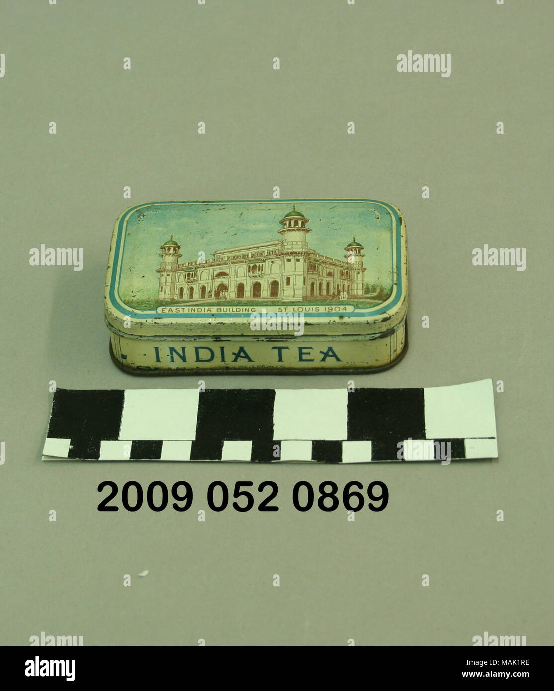 Tin hinged box for India Tea with a colored image of the East India ...