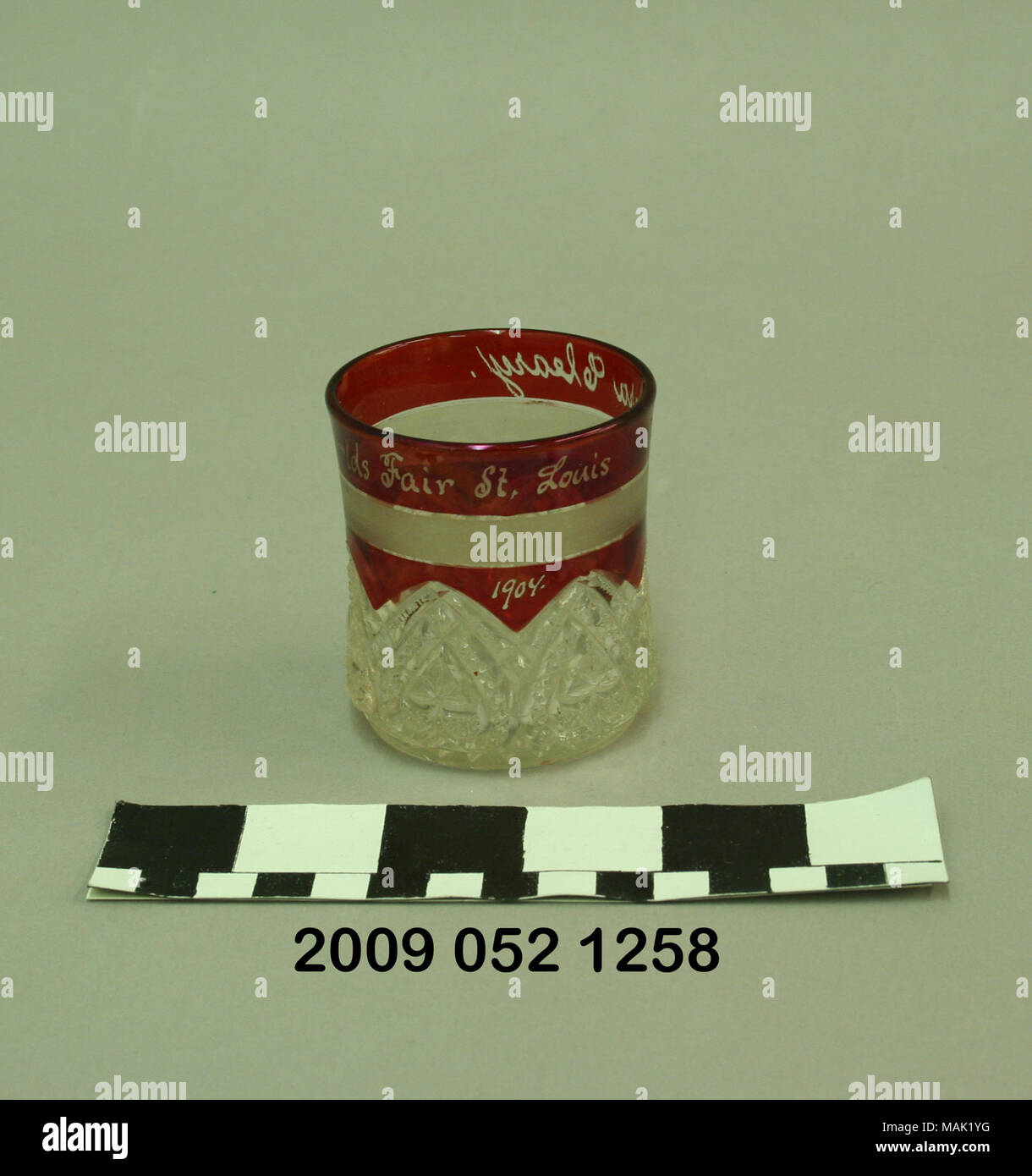 Ruby stained tumbler has pressed heart band pattern, frosted band ...