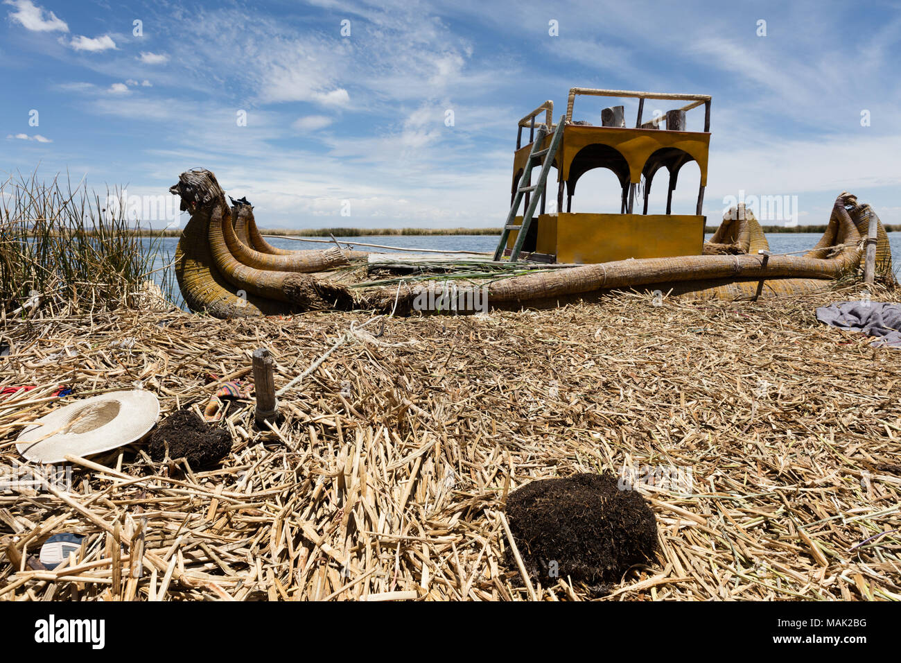 Traditional reed boat (totora) in the Uros Islands, Titicaca Lake or ...