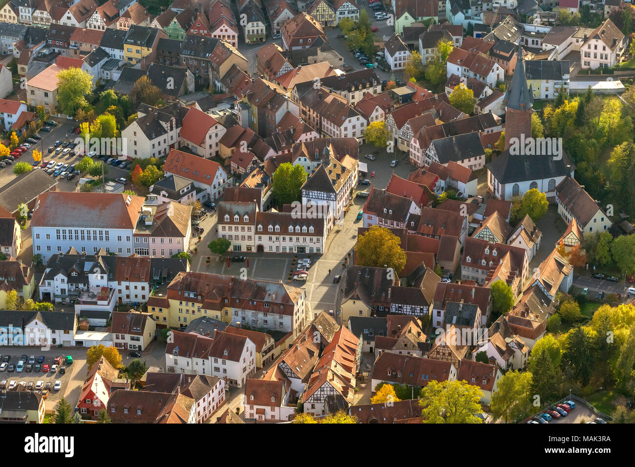 Aerial view, old town with half-timbered houses, Alter Turm, Ottweiler ...
