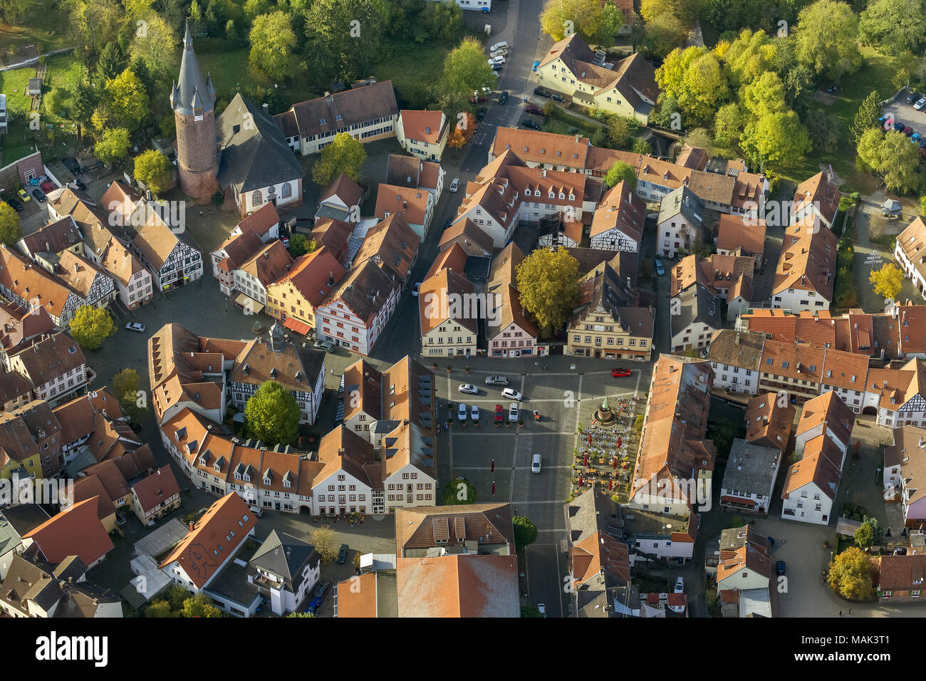 Aerial view, old town with half-timbered houses, Alter Turm, Ottweiler ...