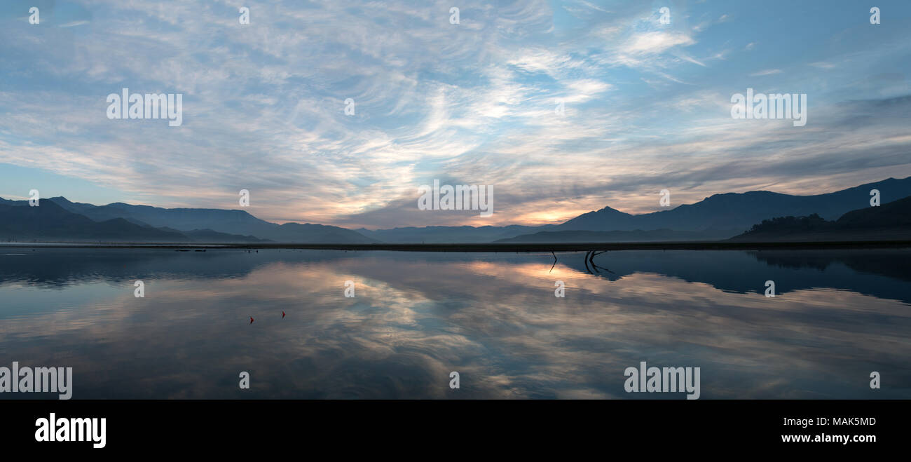 Panorama of sunrise over Lake Isabella in Sierra Nevada mountains in ...