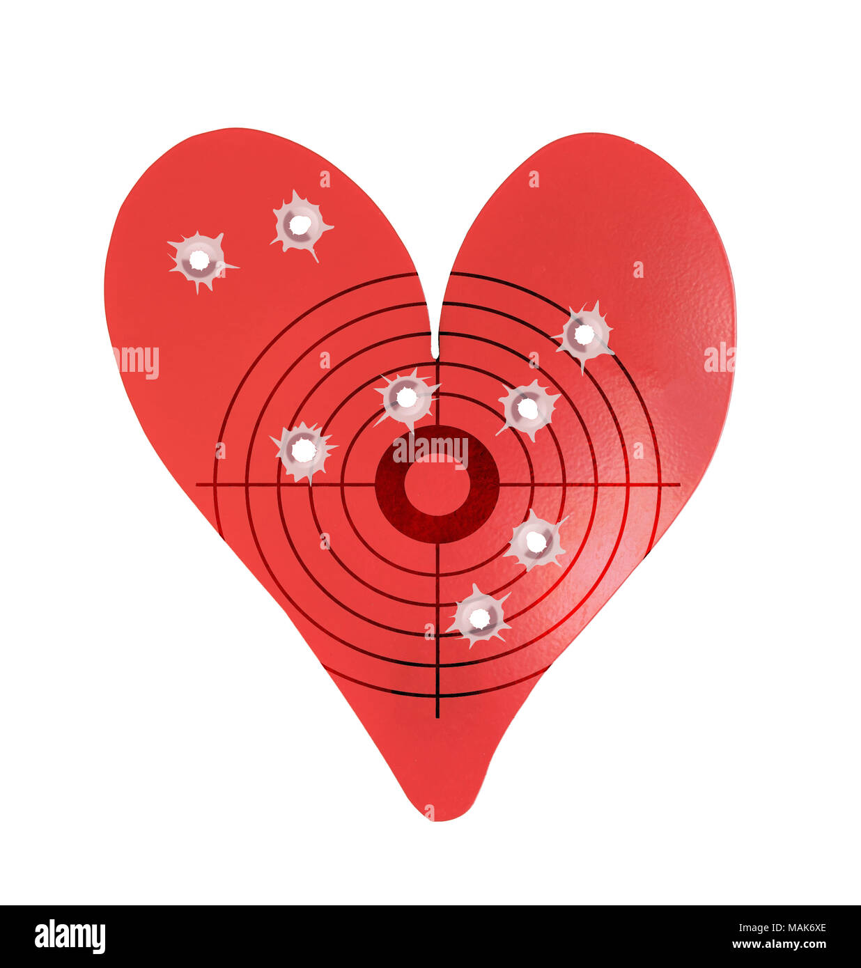 Bulletholes in a metal heart-shaped target - Hunting love Stock Photo ...