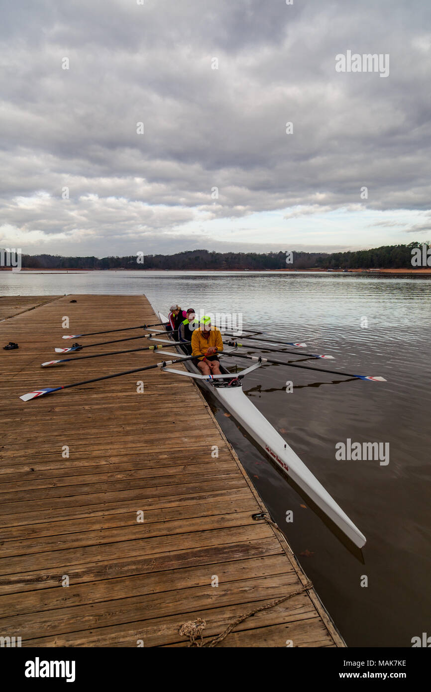 Members of the local boating club preparing to row on Lake Lanier at ...