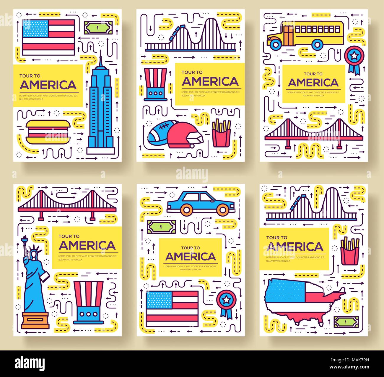 USA vector brochure cards thin line set. Country travel template of ...