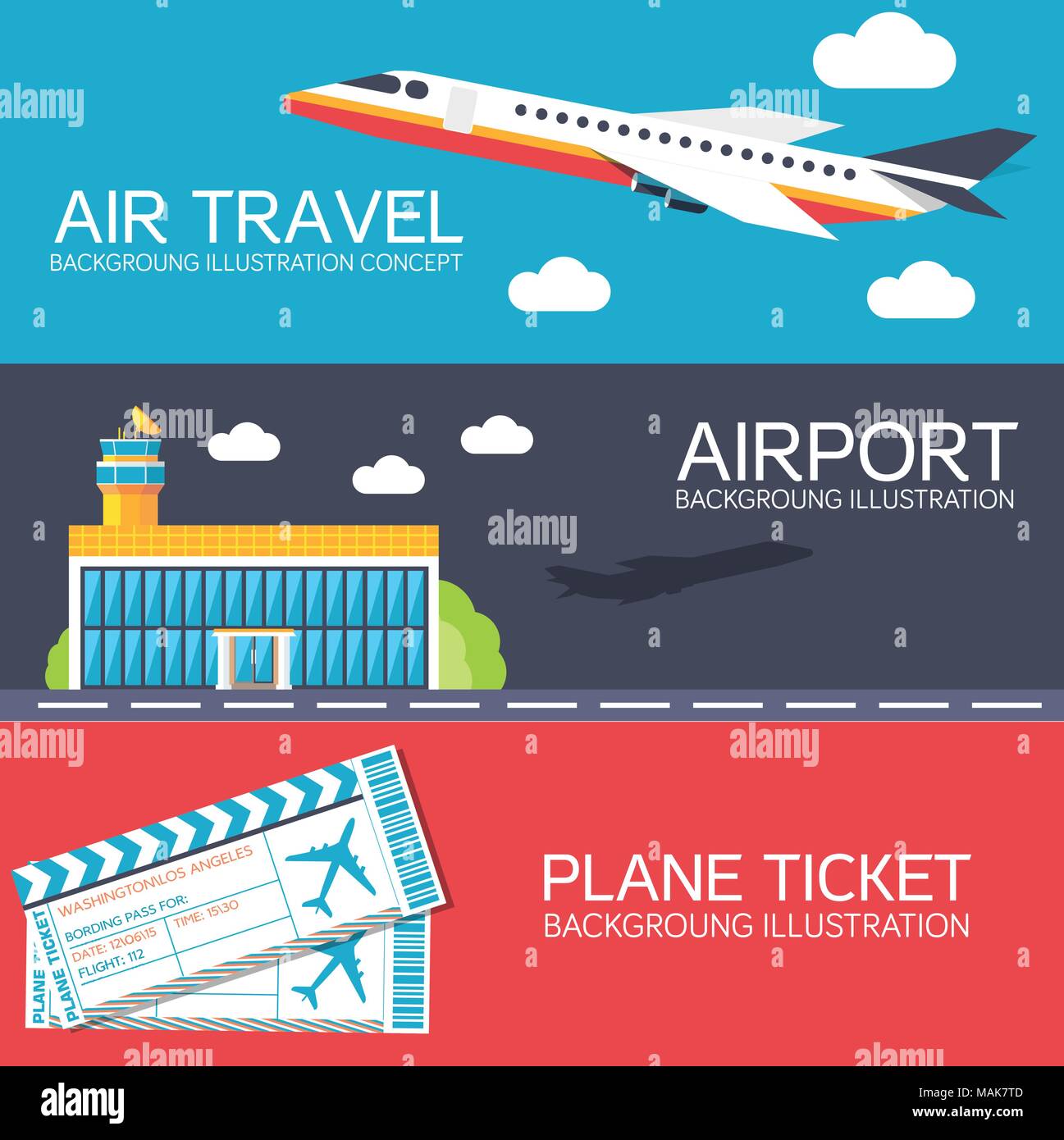 flat building airport with flying plane tour and ticket concept banners ...