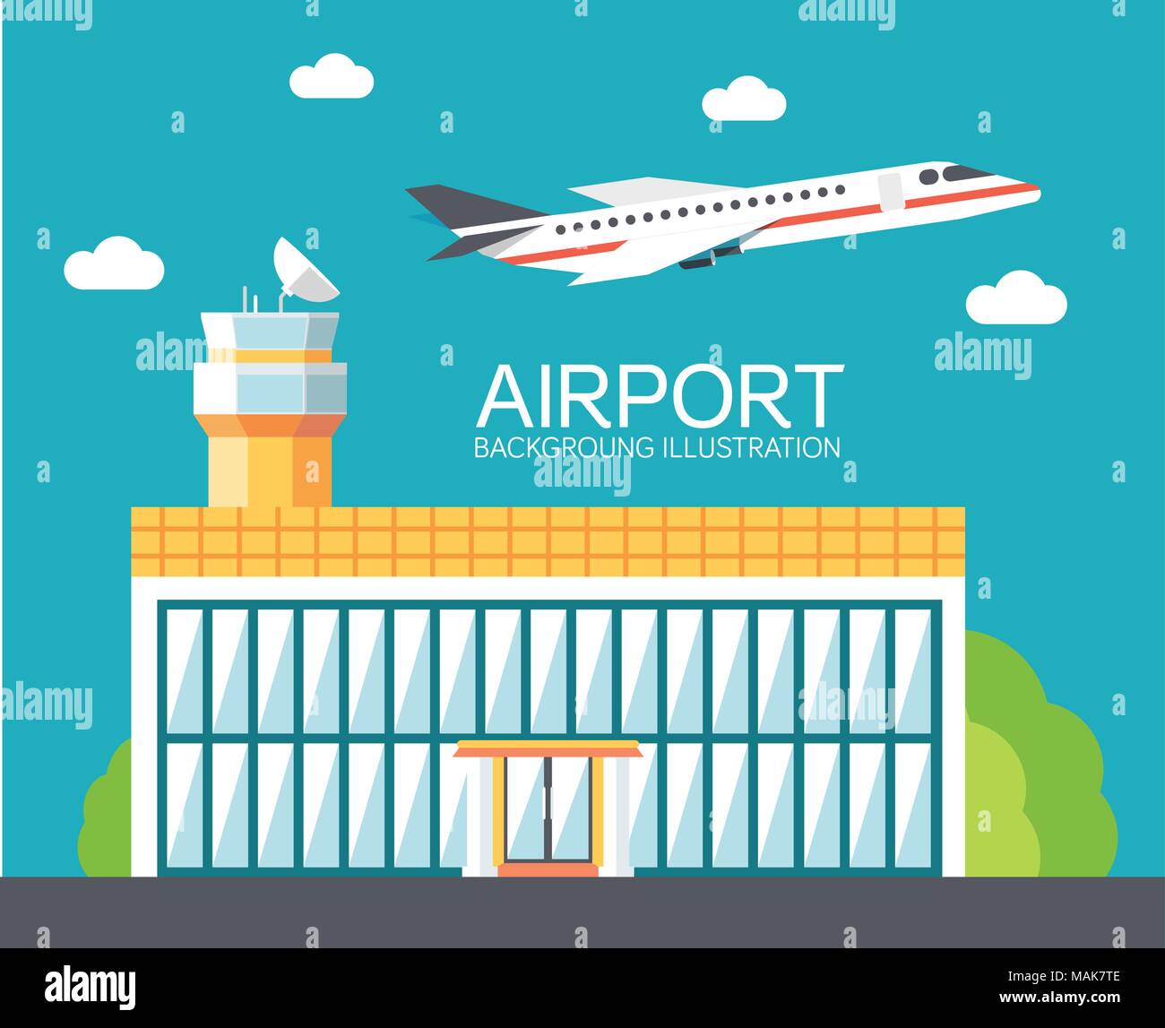 flat building airport with flying plane tour concept background. Vector ...