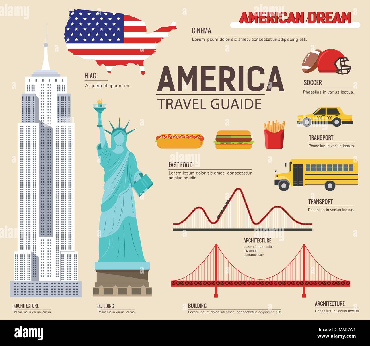 Country USA travel vacation guide of goods, places and features. Set of ...
