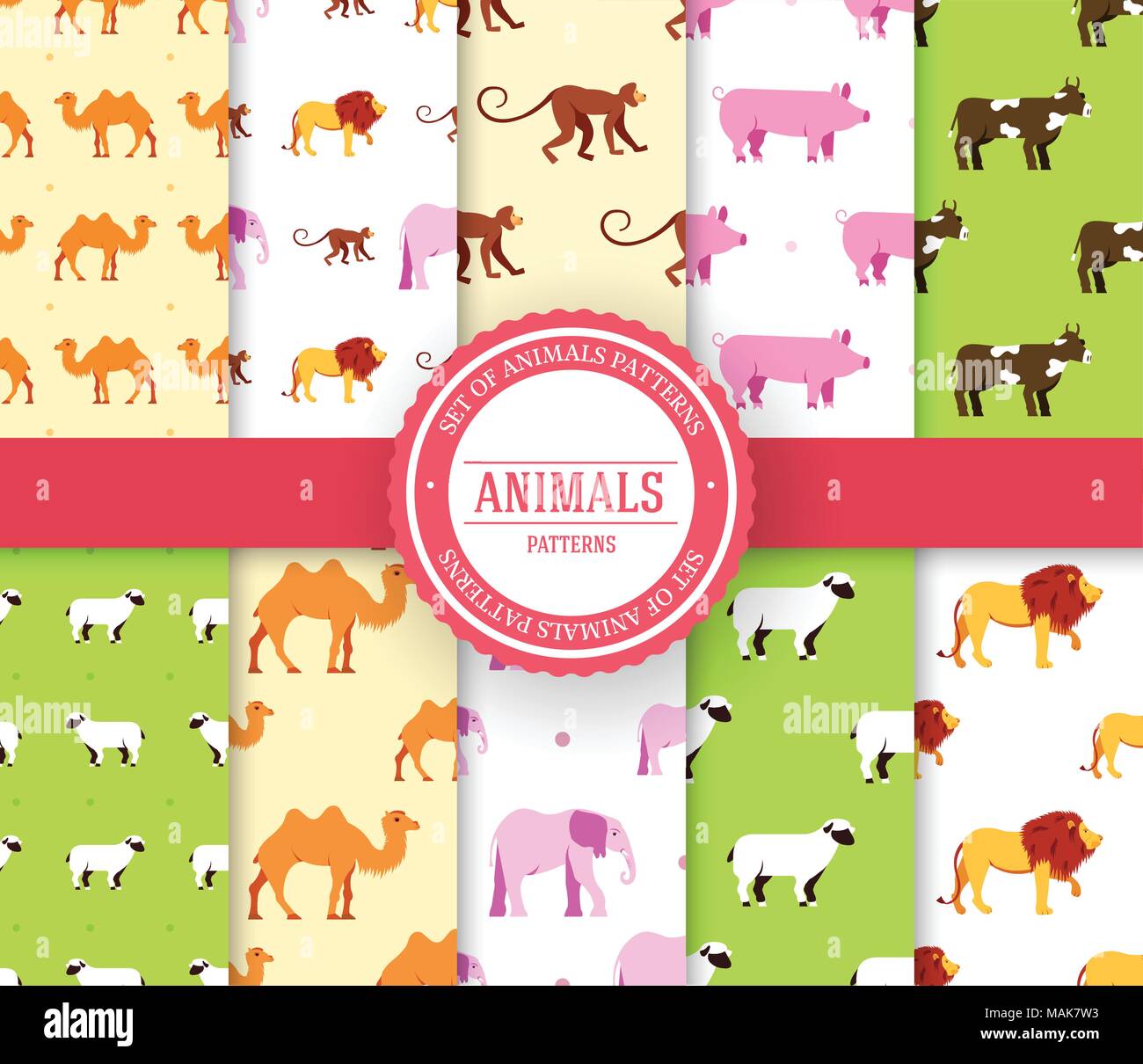 collection set of animal seamless pattern. Lion, monkey, monkey, camel ...
