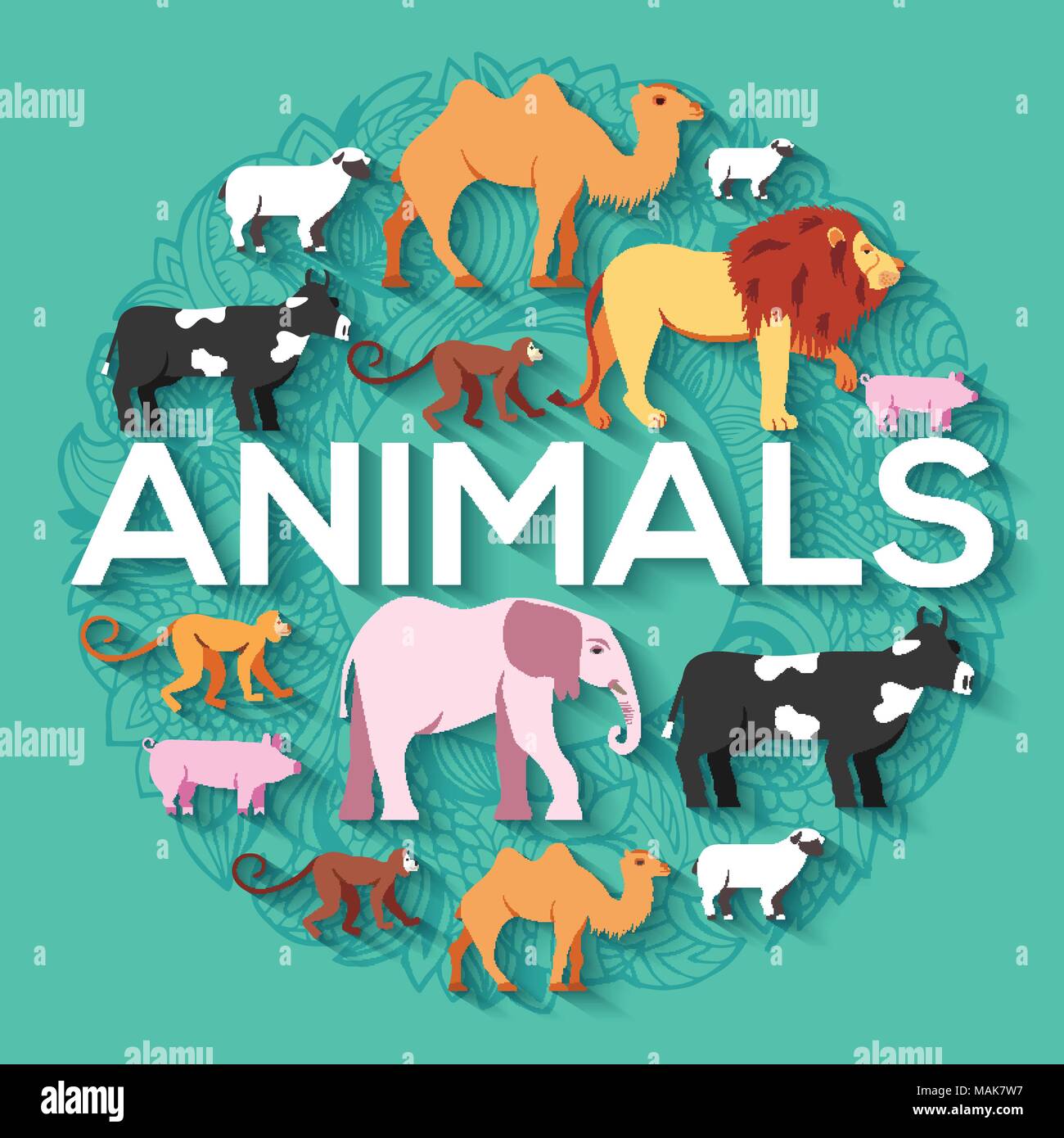 animal round concept of lion, monkey, monkey, camel, elephant, cow, pig ...