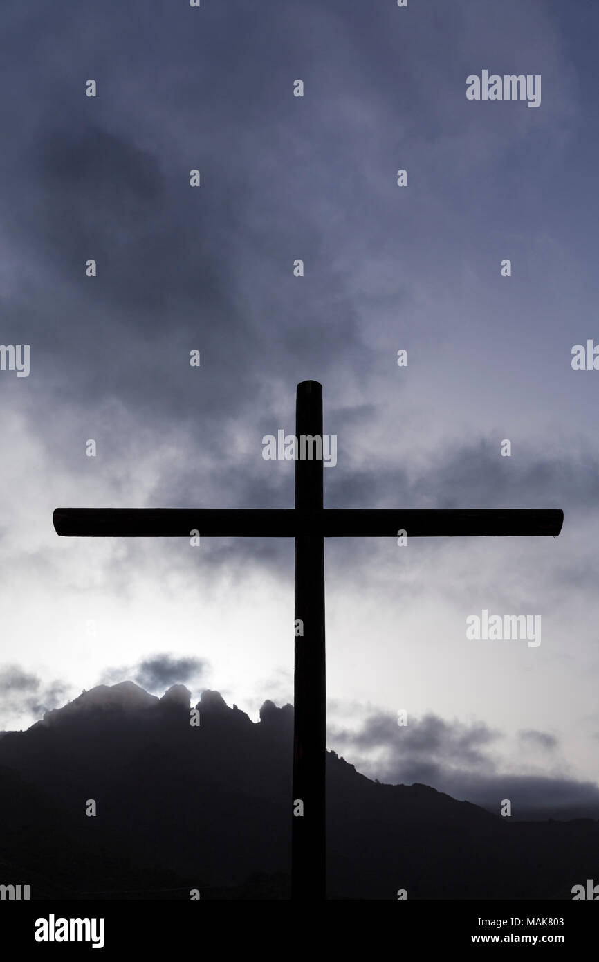 Cross, crucifix, at the Calvary scene set up on a moody, cloudy Good ...