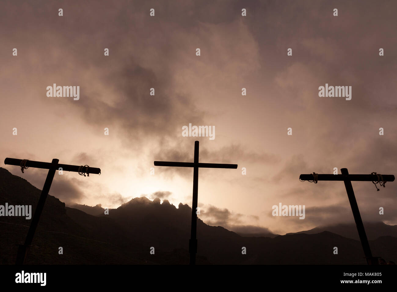 Cross, crucifix, at the Calvary scene set up on a moody, cloudy Good ...