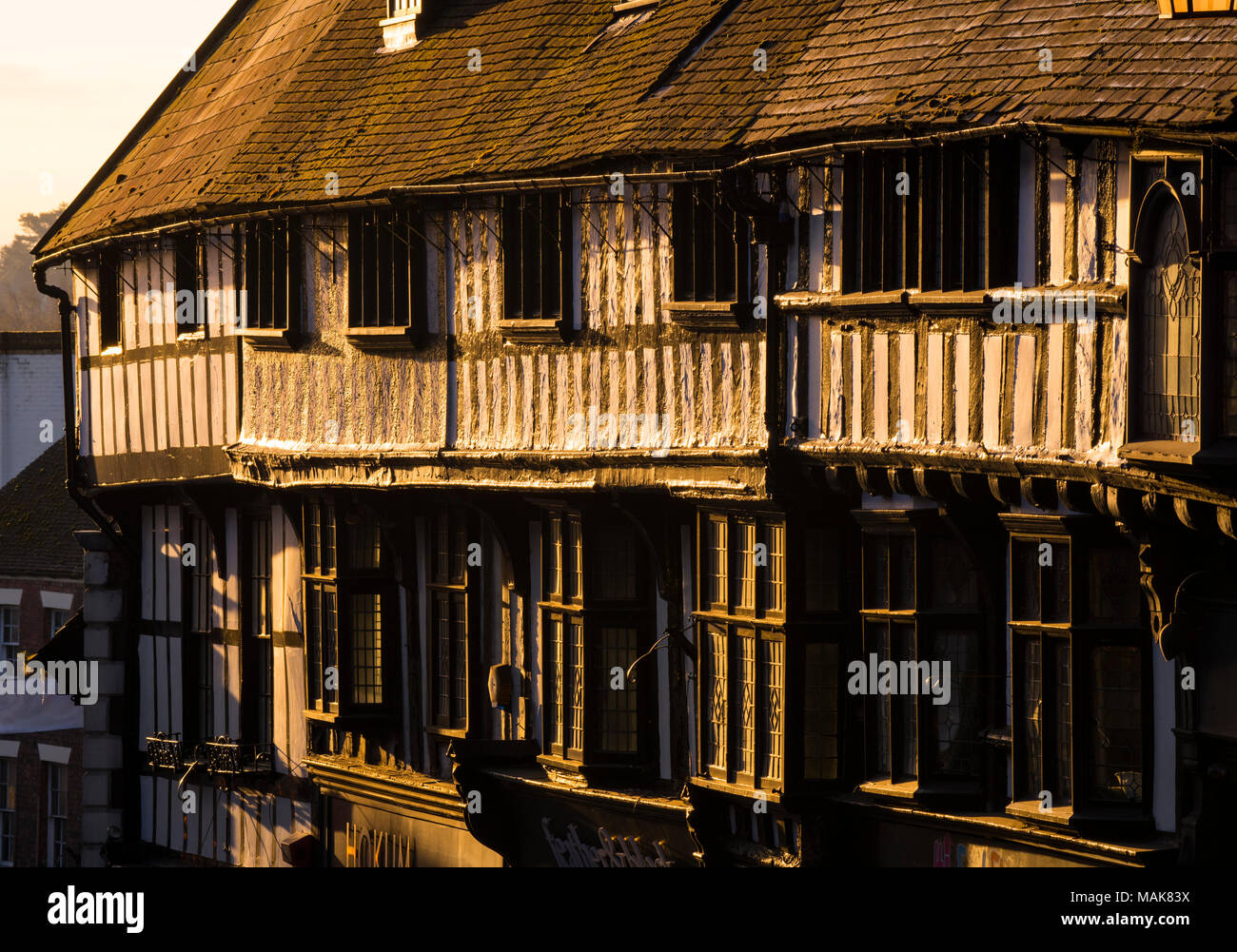 Sunrise illuminates half-timbered buildings on Wyle Cop, Shrewsbury ...