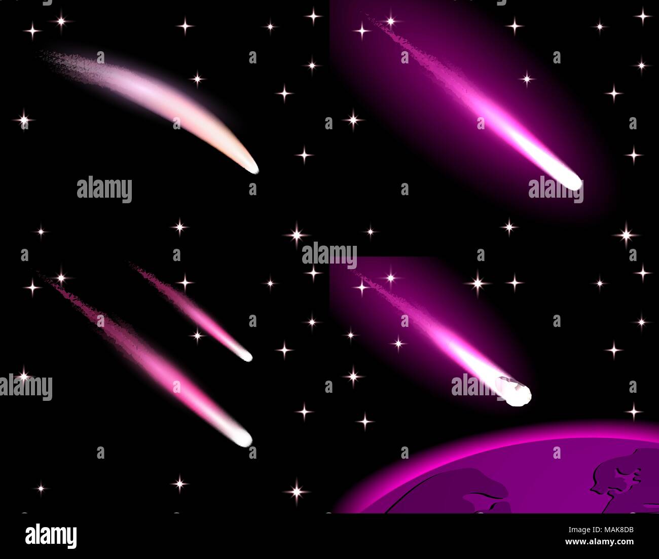 Various, bright comets of violet color, meteorites flying on the ...
