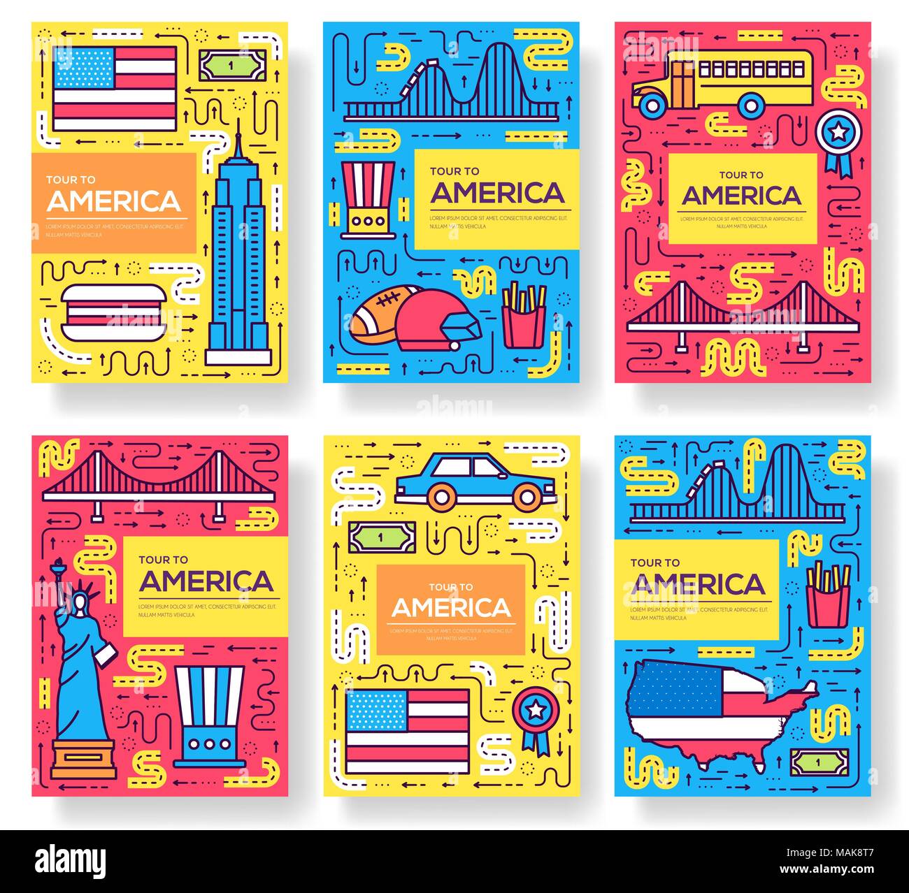 USA vector brochure cards thin line set. Country travel template of ...