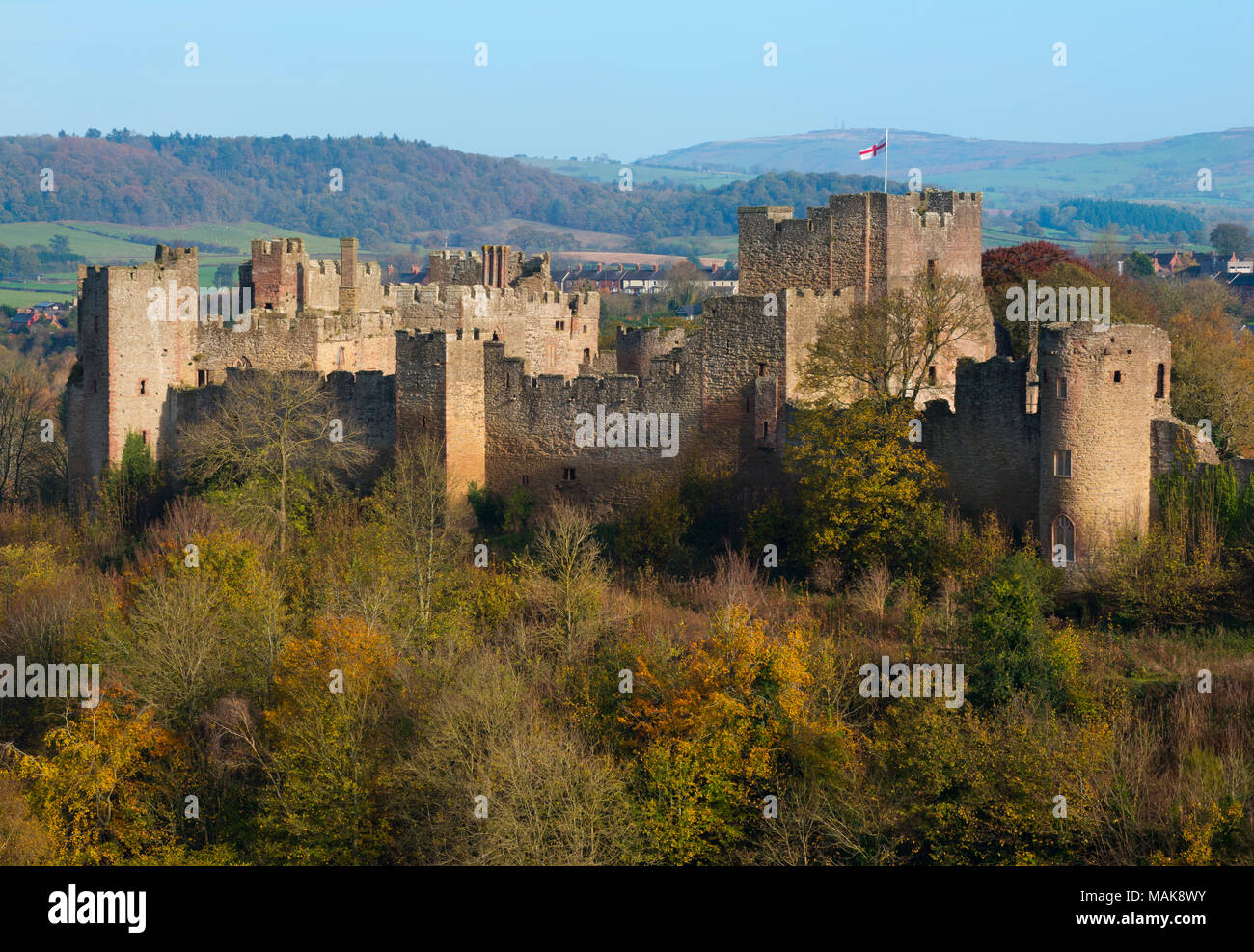 Ludlow Castle in autumn, seen from Whitcliffe Common, Shropshire Stock ...