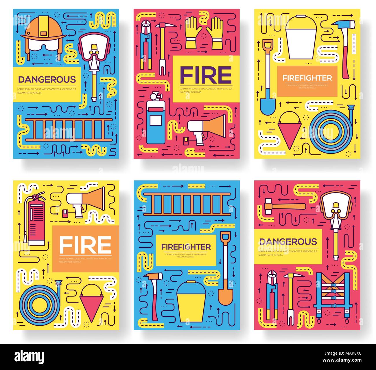 Flat firefighter uniform vector brochure cards thin line set. first ...
