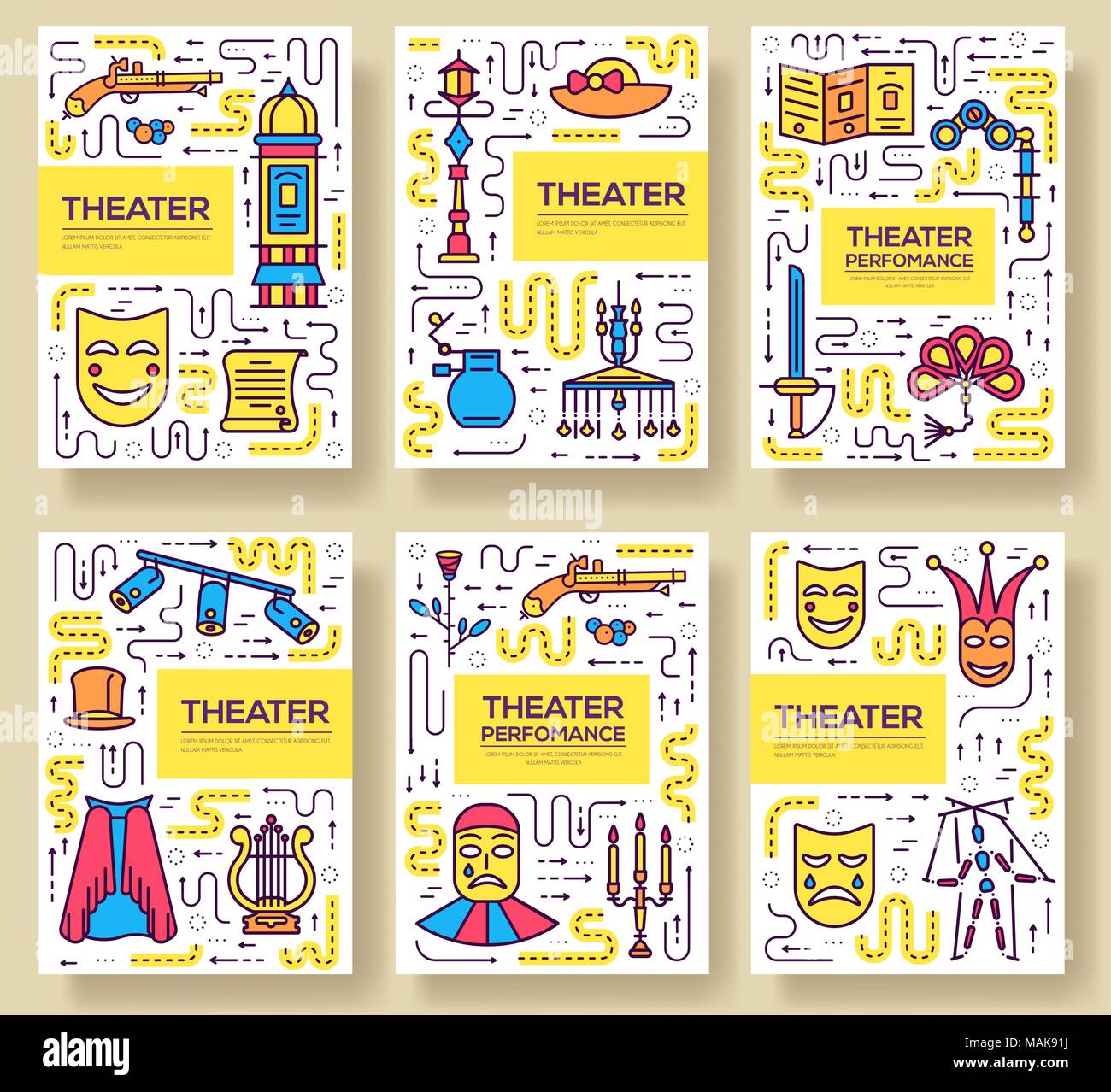 Premium quality theater vector brochure cards thin line set. Festival ...