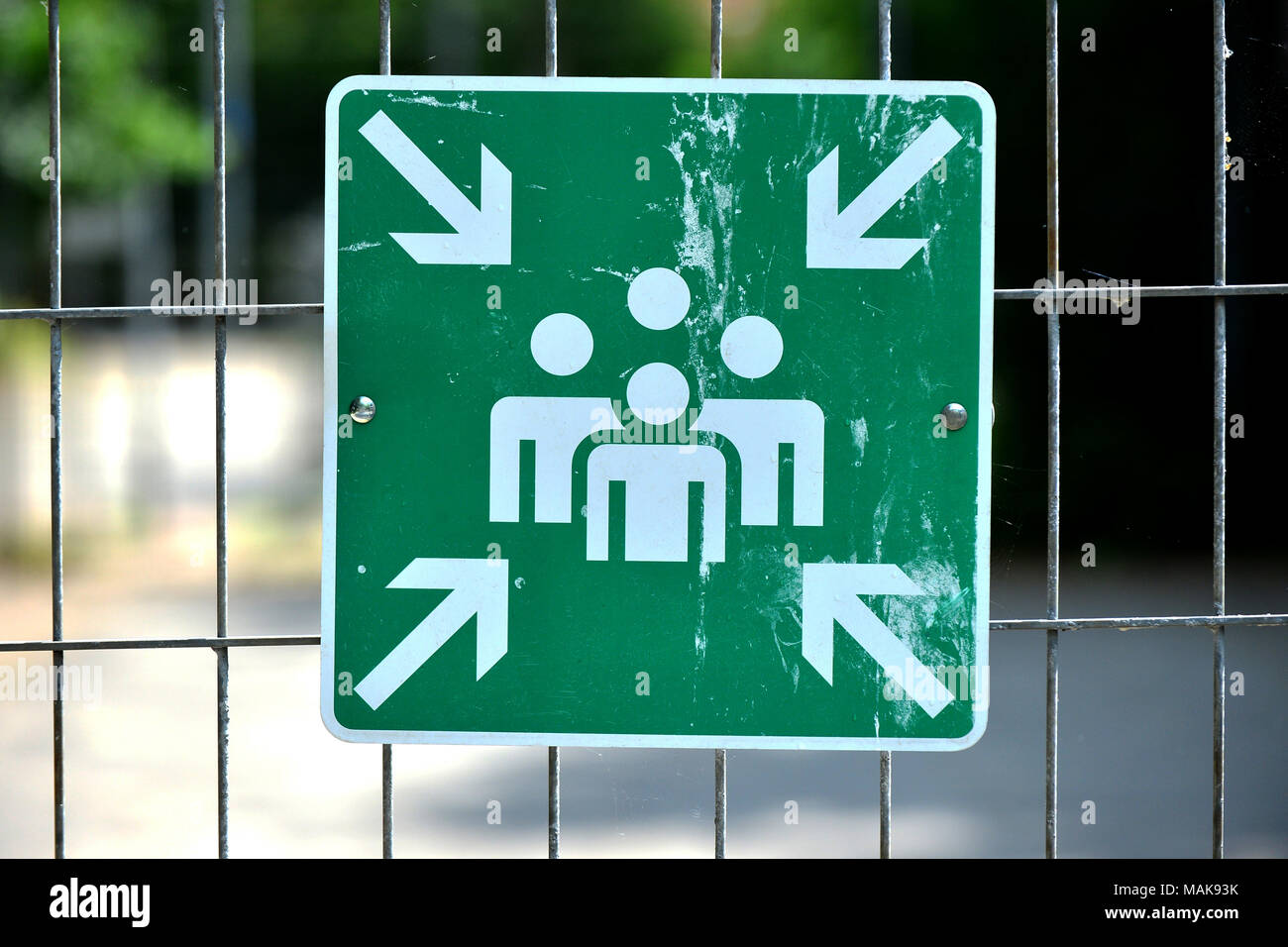 Oldenburg, Germany, rescue sign collecting point in a schoolyard Stock ...