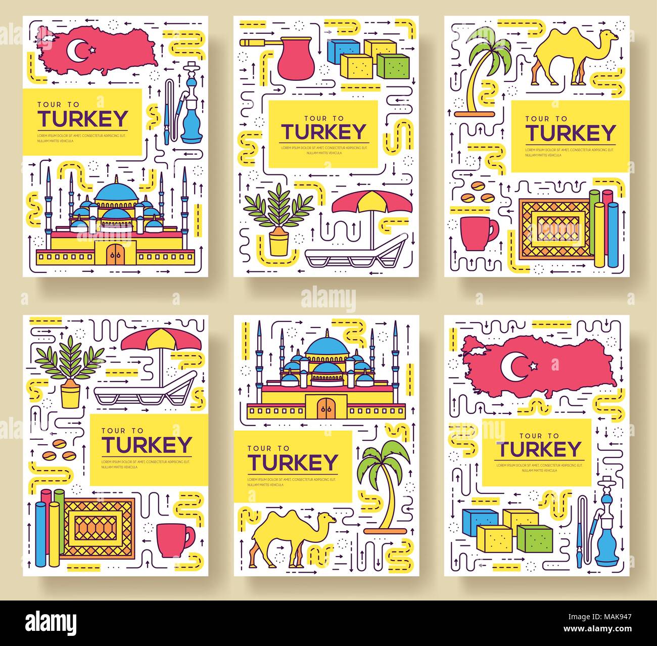 Country Turkey vector brochure cards thin line set. travel template of ...