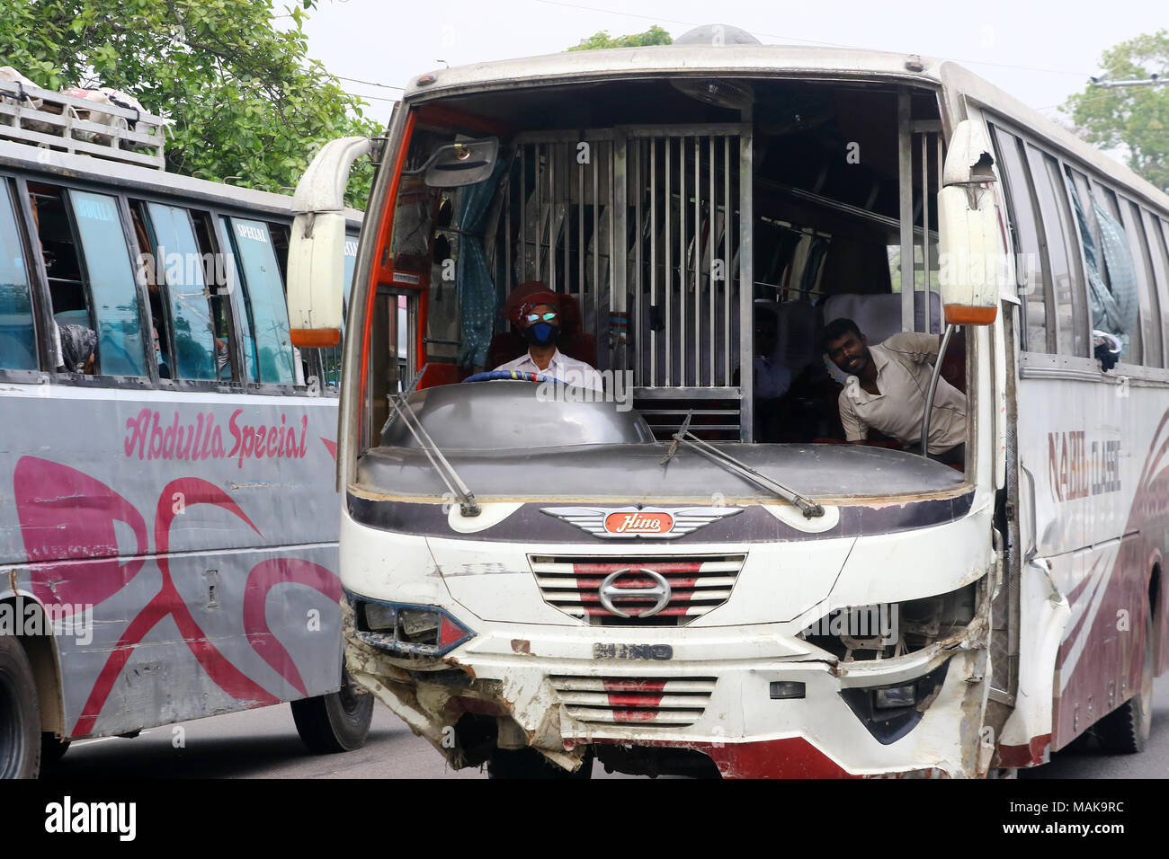 Dhaka 2018. Broken front glass of bus on the road in Dhaka Stock Photo ...