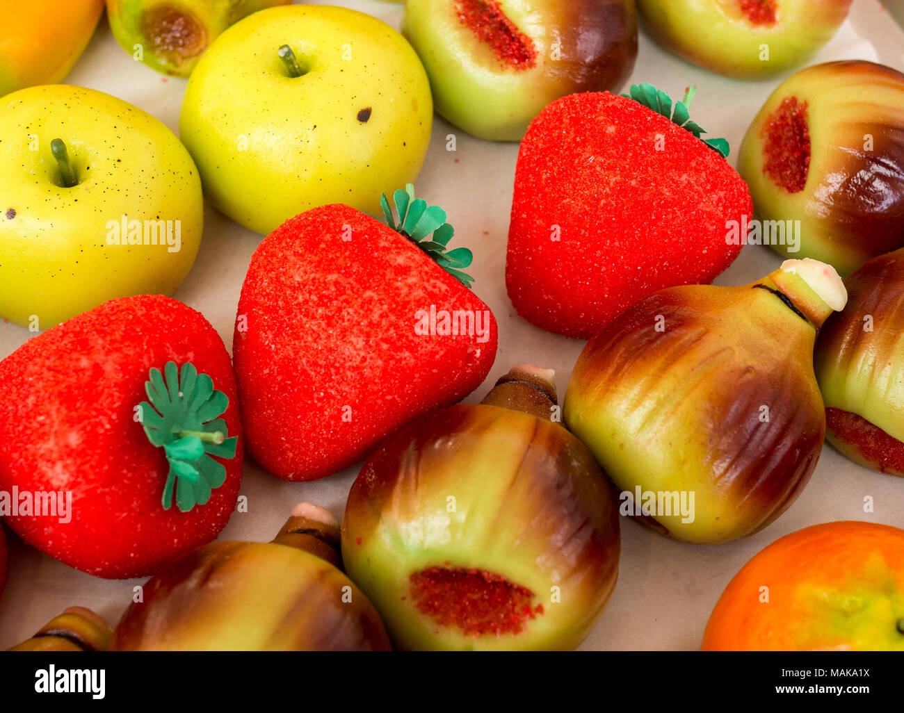 Marzipan assortment. Sweet marzipan with colorful fruit shapes ...