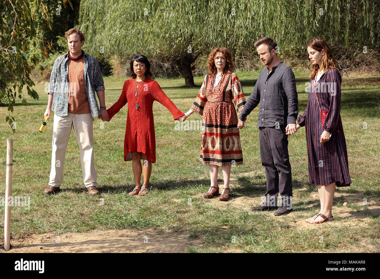 THE PATH, l-r: Patch Darragh, Ali Ahn, Deirdre O'Connell, Aaron Paul ...