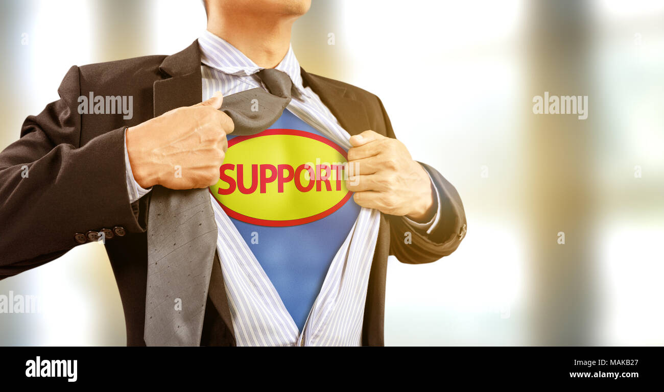 businessman in superhero costume in help and support , client service ...