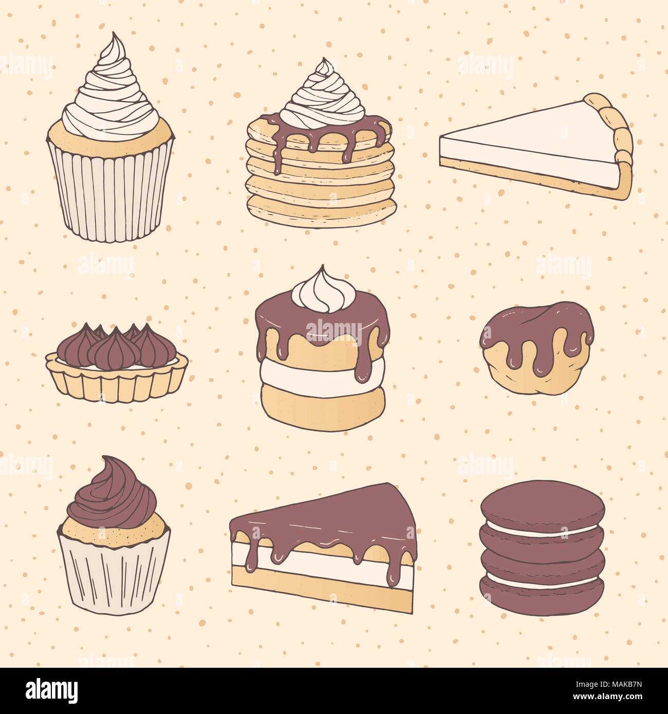 Hand drawn vector pastry set with cake and pie pieces, cupcakes ...