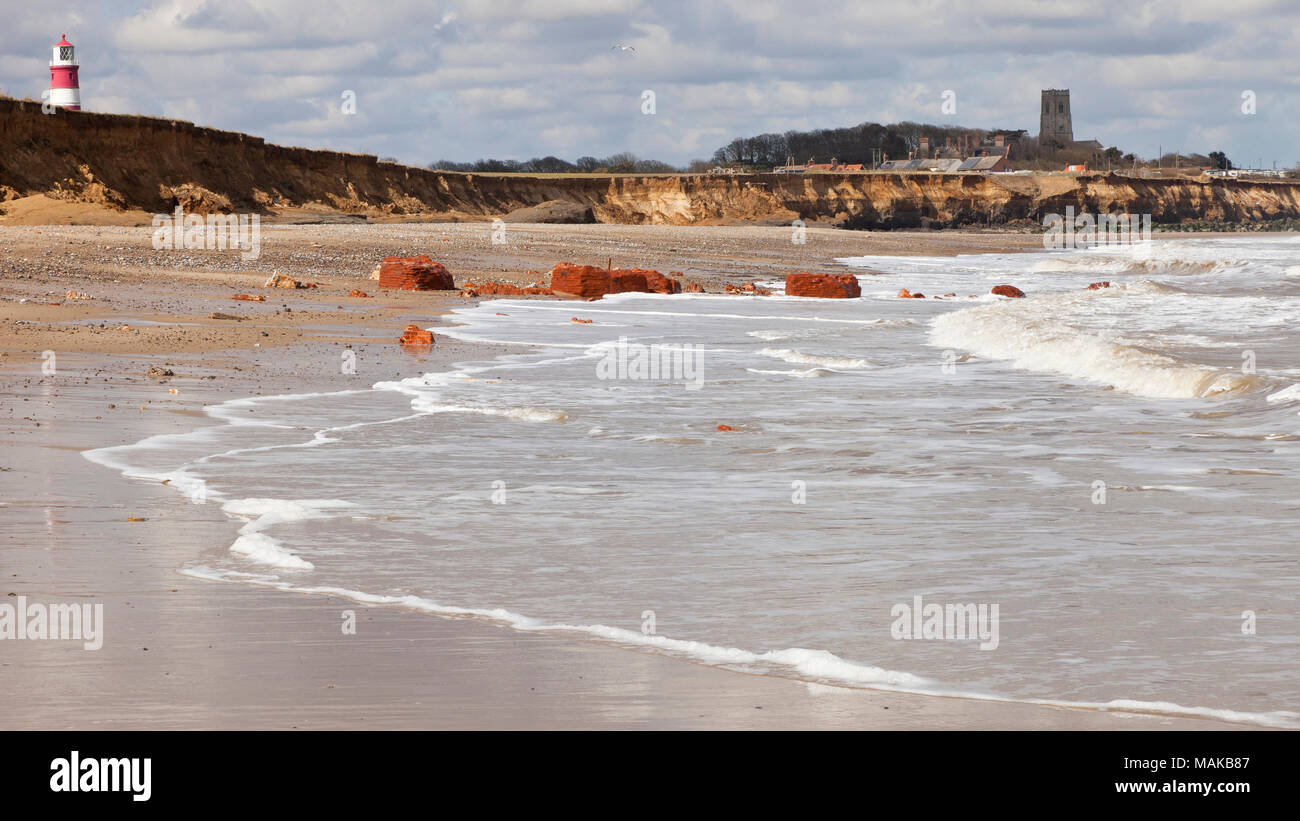 The remains of the Low Light Lighthouse on the beach at Happisburgh in ...