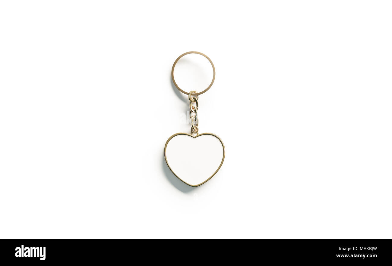 Blank gold white key chain heart shape mock up top view, 3d rendering ...