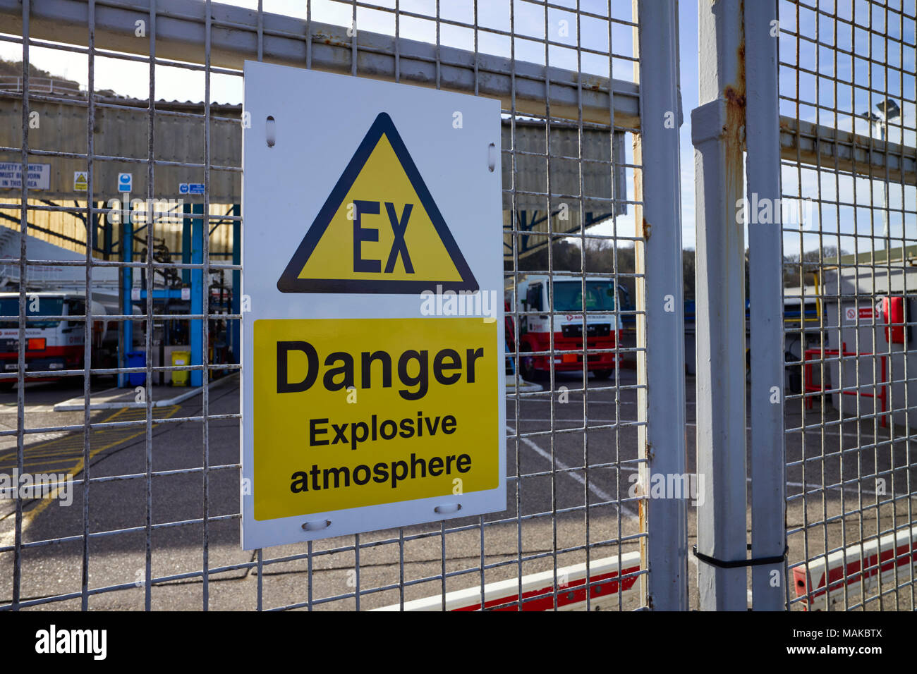 Danger expolosive atmosphere sign on a gate at Manx petroleum depot in ...