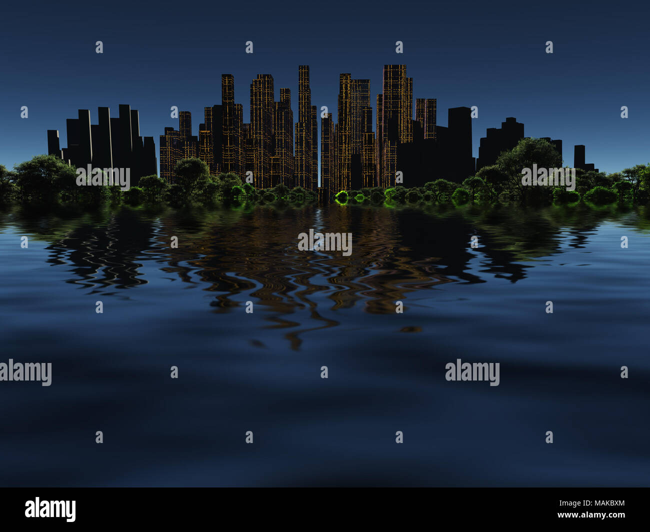 Surrealism. City of future in green forest surrounded by water Stock ...
