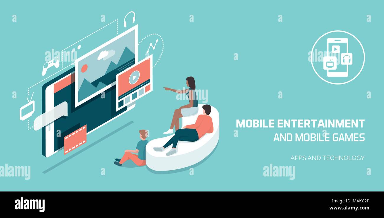 Happy family watching films and playing together online: home ...