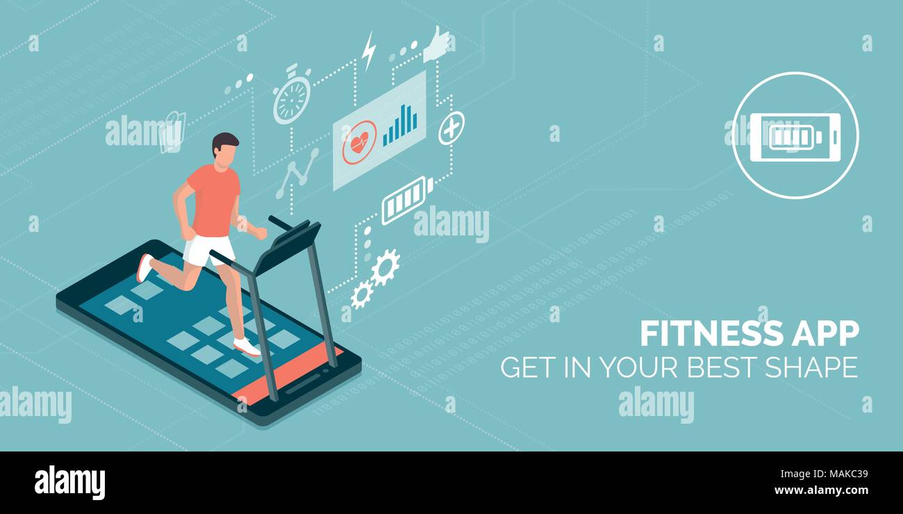 Man running on a smartphone treadmill and exercising: fitness app and ...