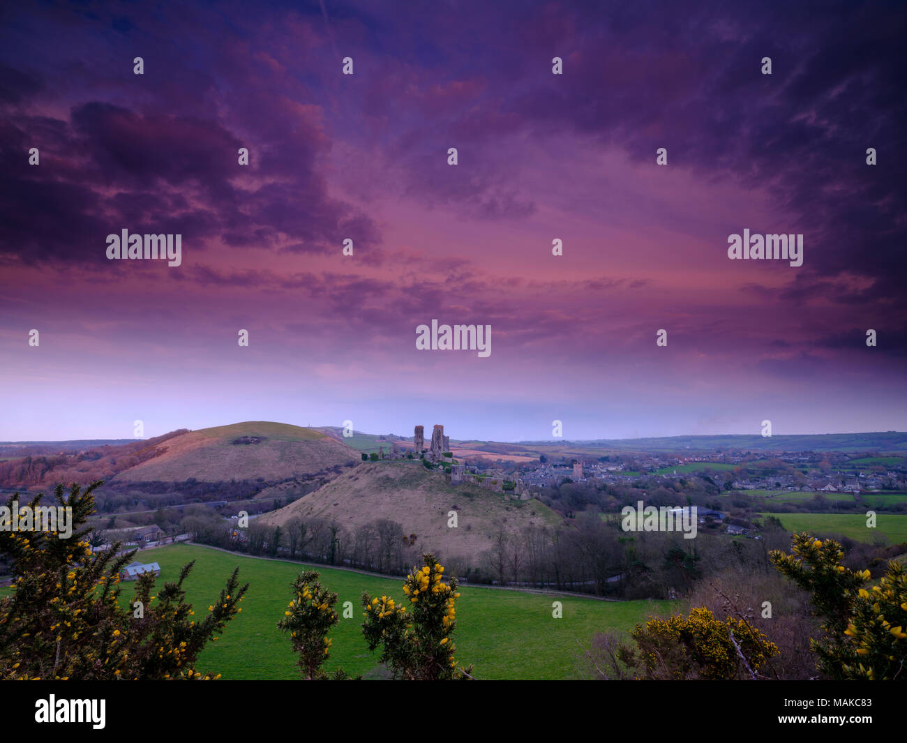 Spring sunset over Corfe Castle, Purbeck, Dorset, UK Stock Photo - Alamy