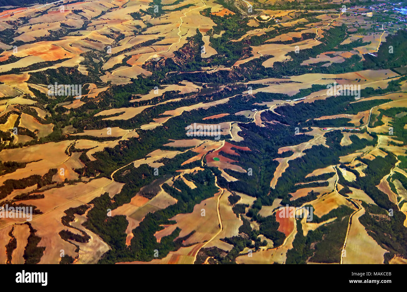 Aerial view over agricultural fields and hills in Greece Stock Photo ...