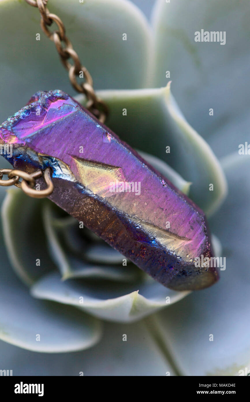 Natural shape of crystal quartz stone pendant on houseleek background ...