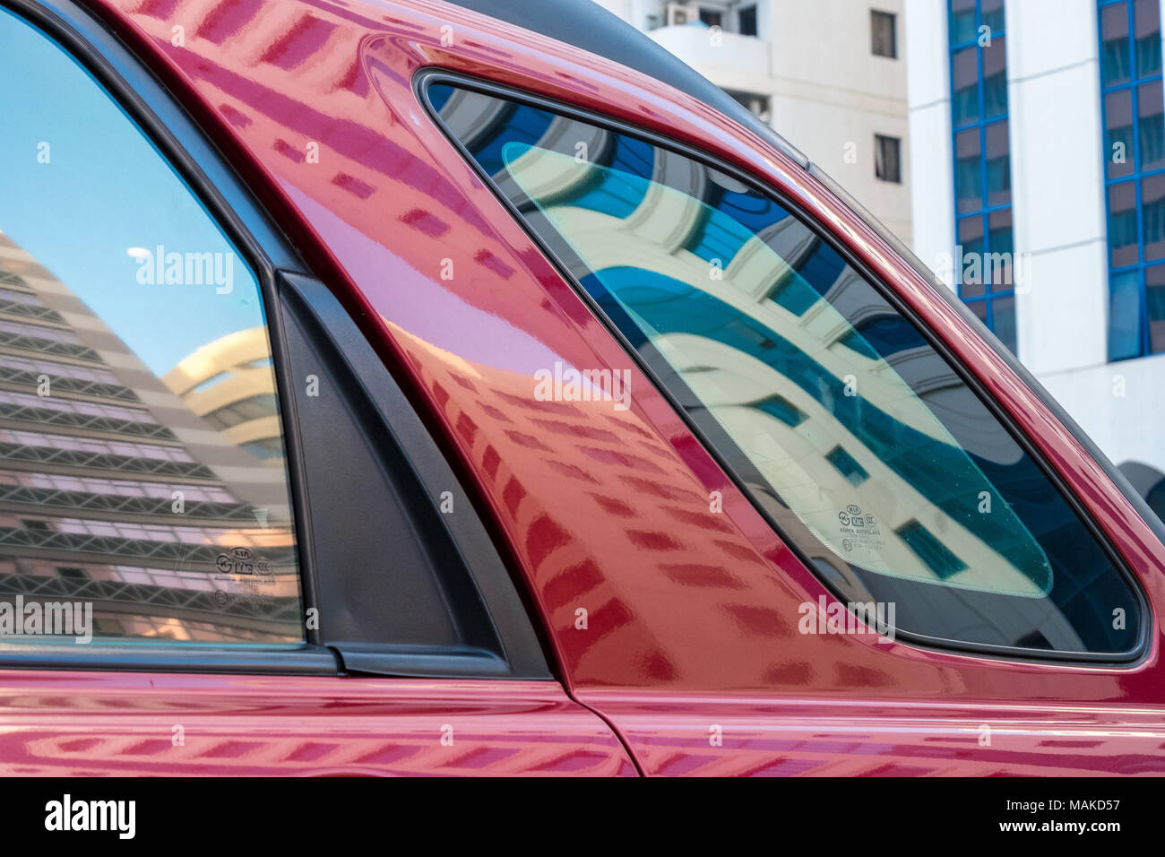 Abstract reflection of buildings on vehicle window glass Stock Photo ...