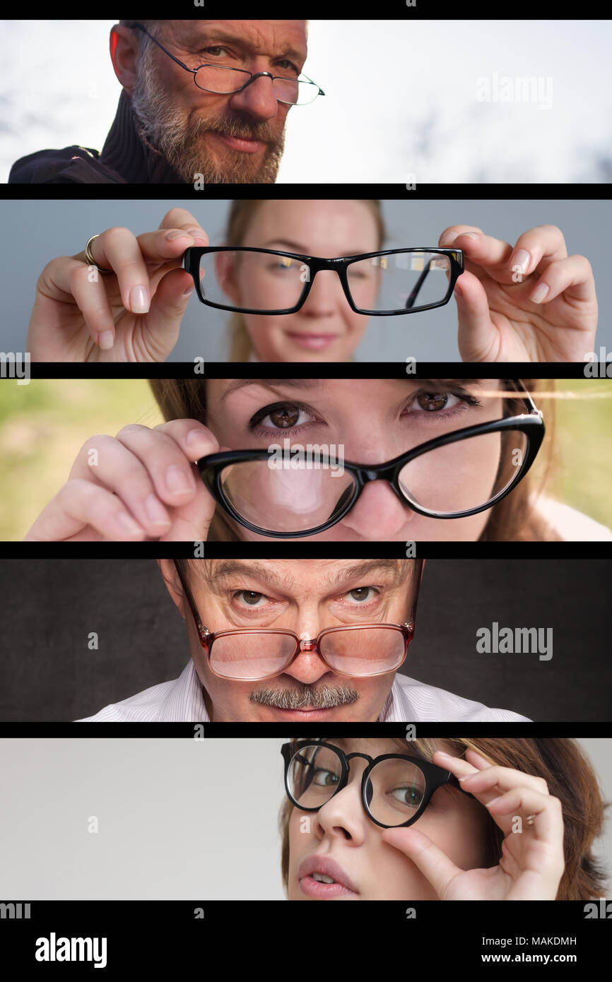 Set of photos of people men and women with glasses. Concept of having ...